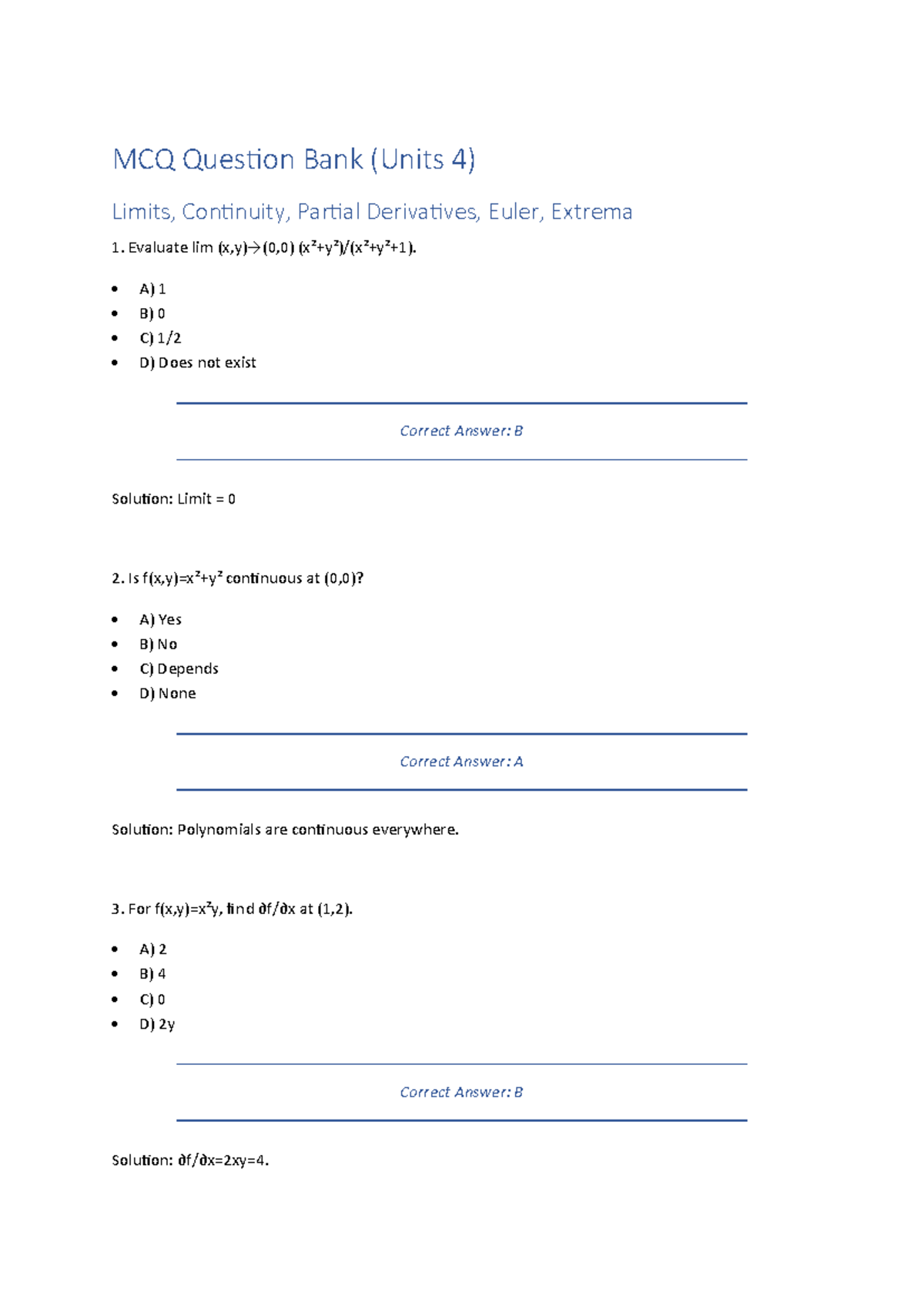 Unit 4 MCQ Question Bank: Limits, Continuity & Derivatives - Studocu