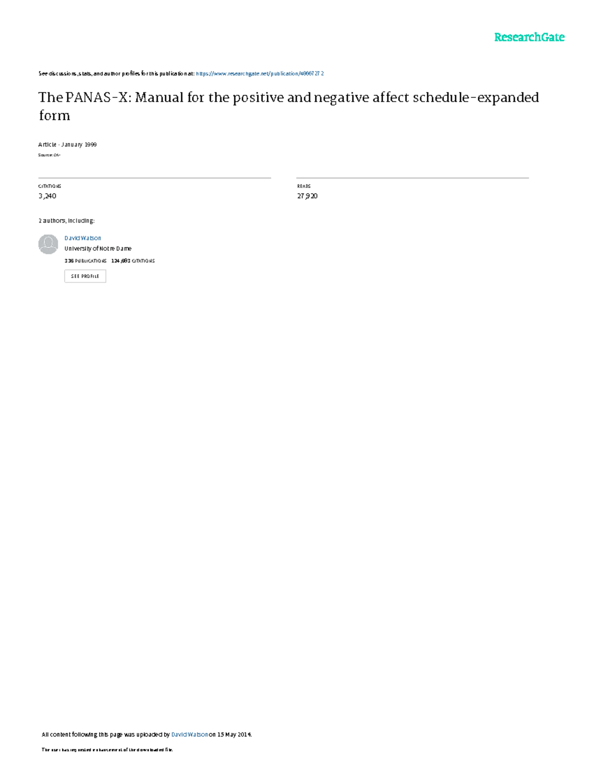 The PANAS-X Manual: Positive and Negative Affect Schedule (Watson ...