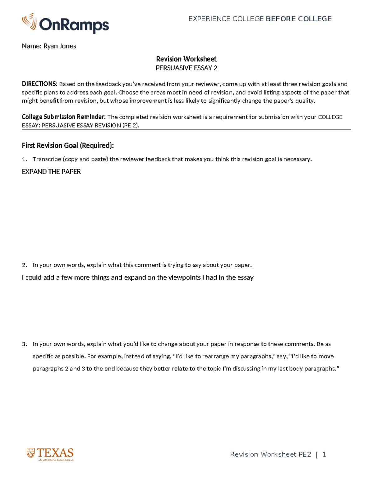 PE 2 Revision Worksheet - Name: Ryan Jones Revision Worksheet ...