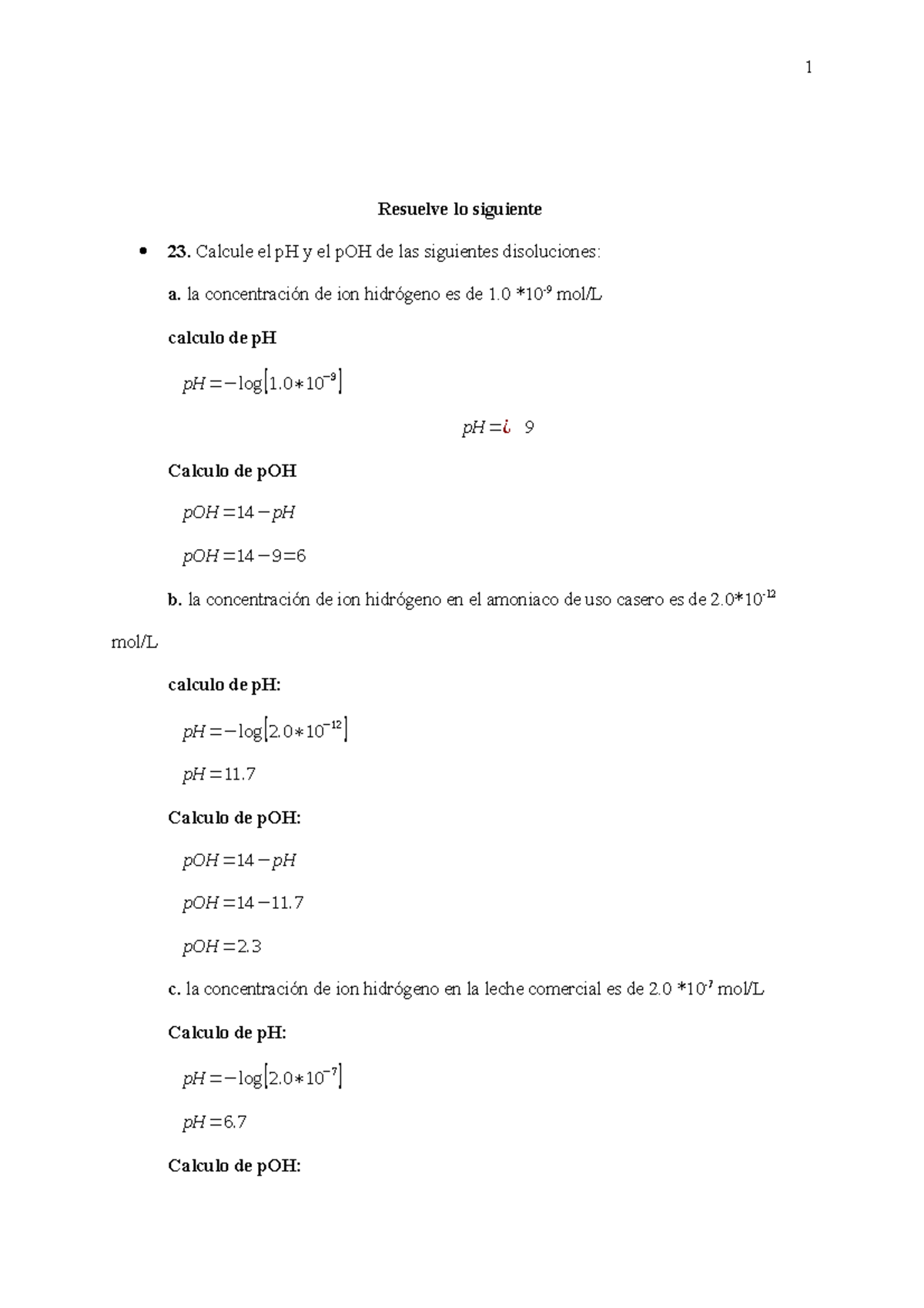 Problemas de ph poh - ejercicios para el calculo de pH y pOH - Resuelve lo siguiente 23. Calcule ...