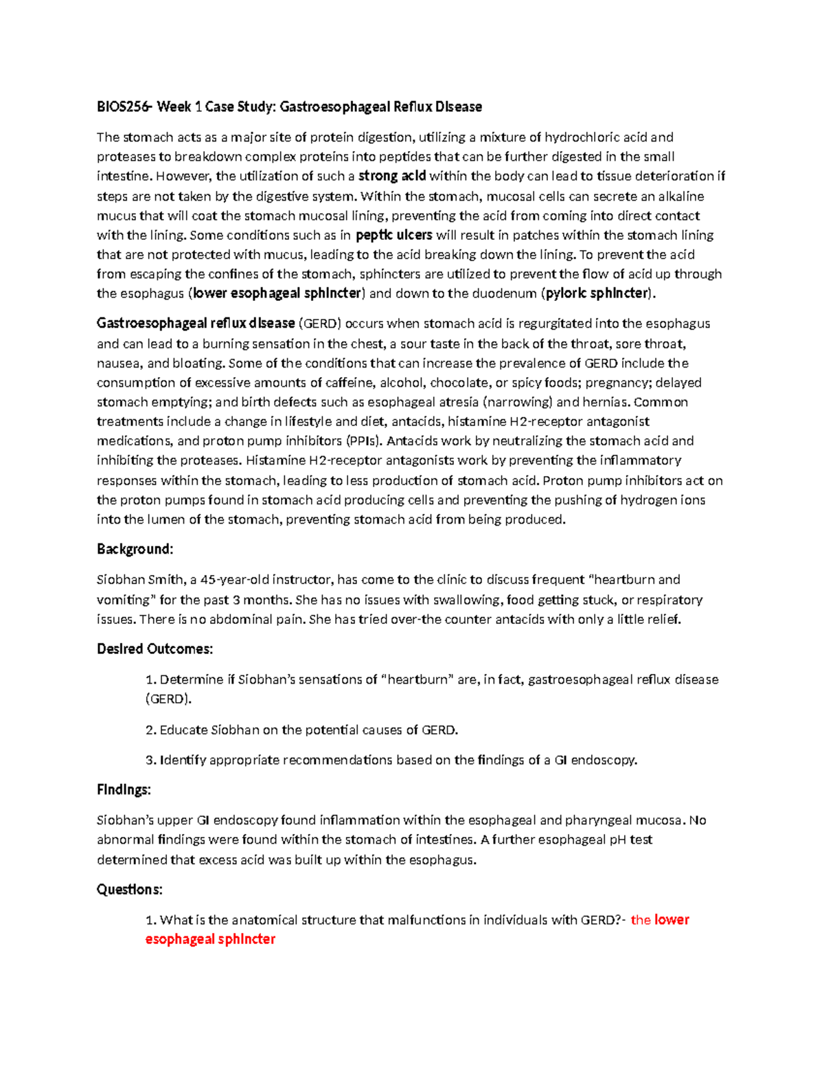 W1 Case Study - BIO 256 - BIOS256- Week 1 Case Study: Gastroesophageal ...