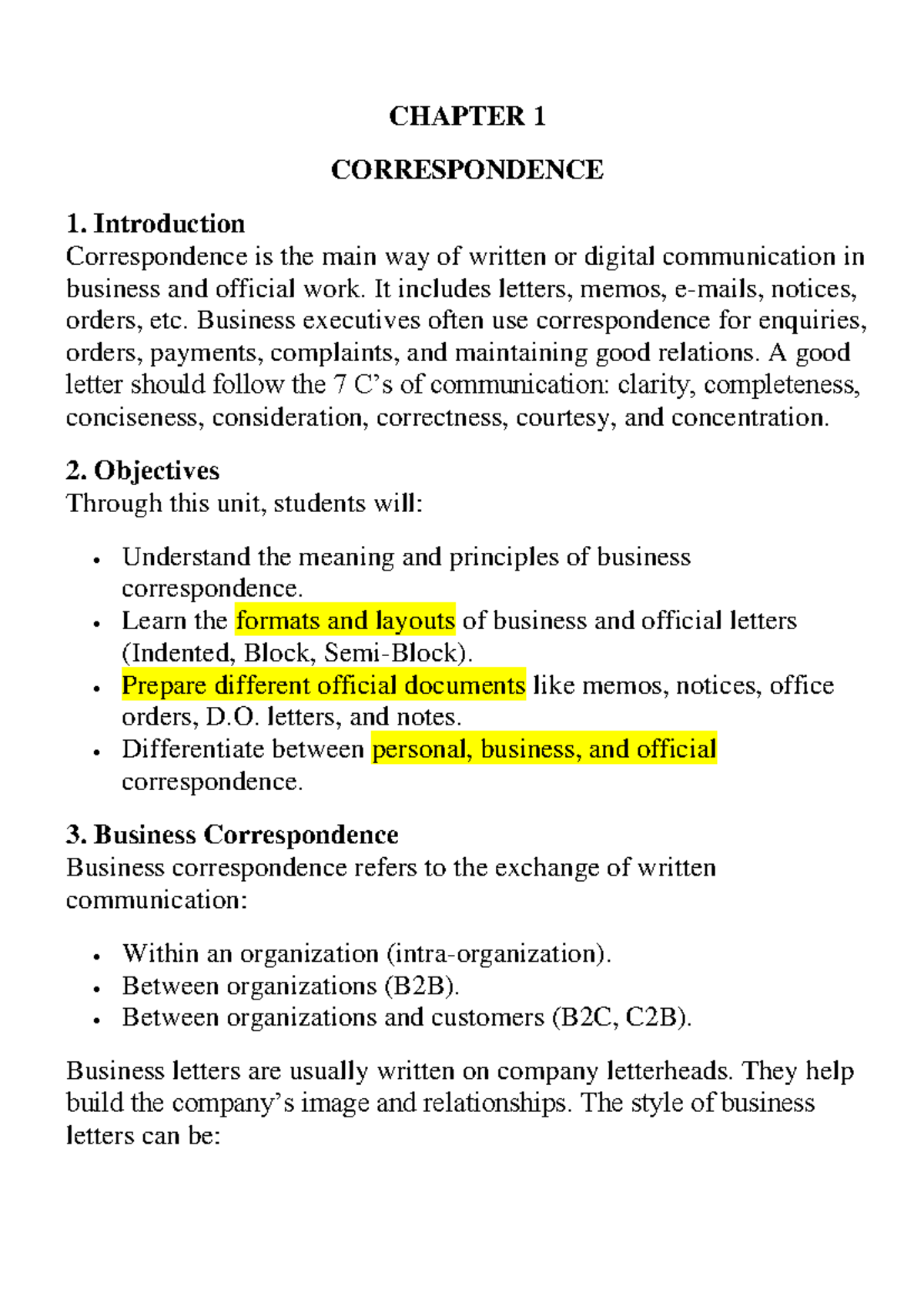 CHAPTER 1: BUSINESS CORRESPONDENCE PRINCIPLES AND FORMATS - Studocu