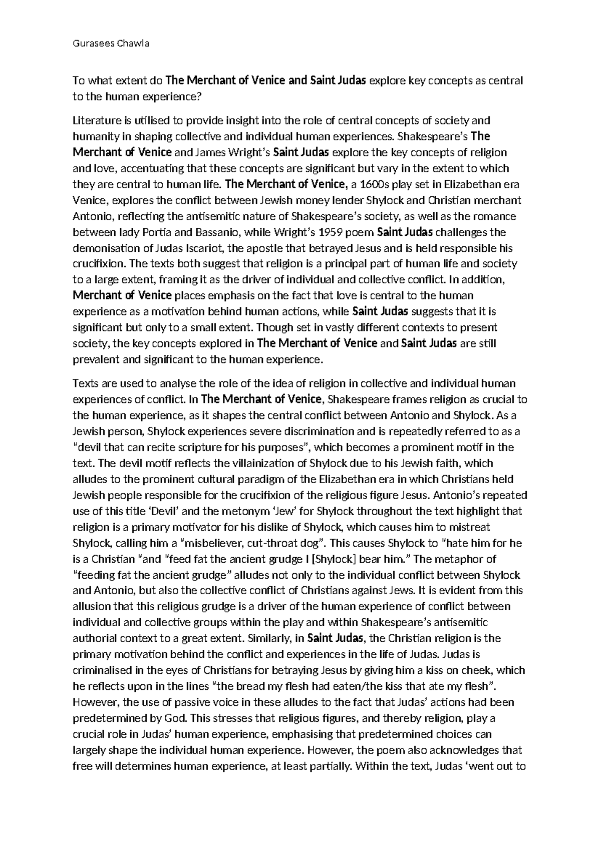 Comparative Essay: Common Mod English Adv - Merchant of Venice vs Saint ...