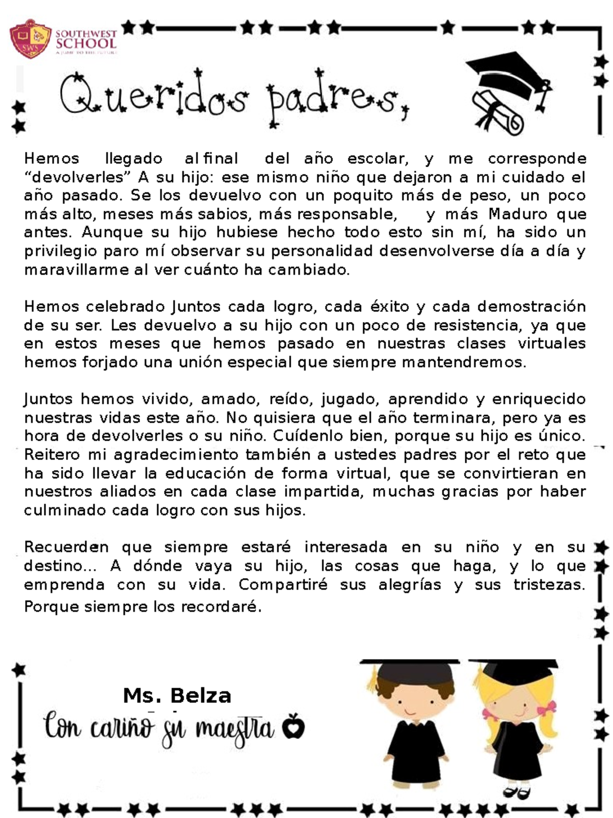 Carta de Agradecimiento a Padres - 3er Grado por Ms. Belza Cubas - Studocu