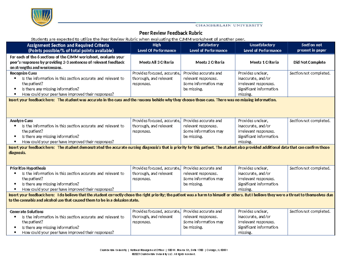 NR 326 Peer Review Feedback Worksheet for i-Human Patients® Assignment ...