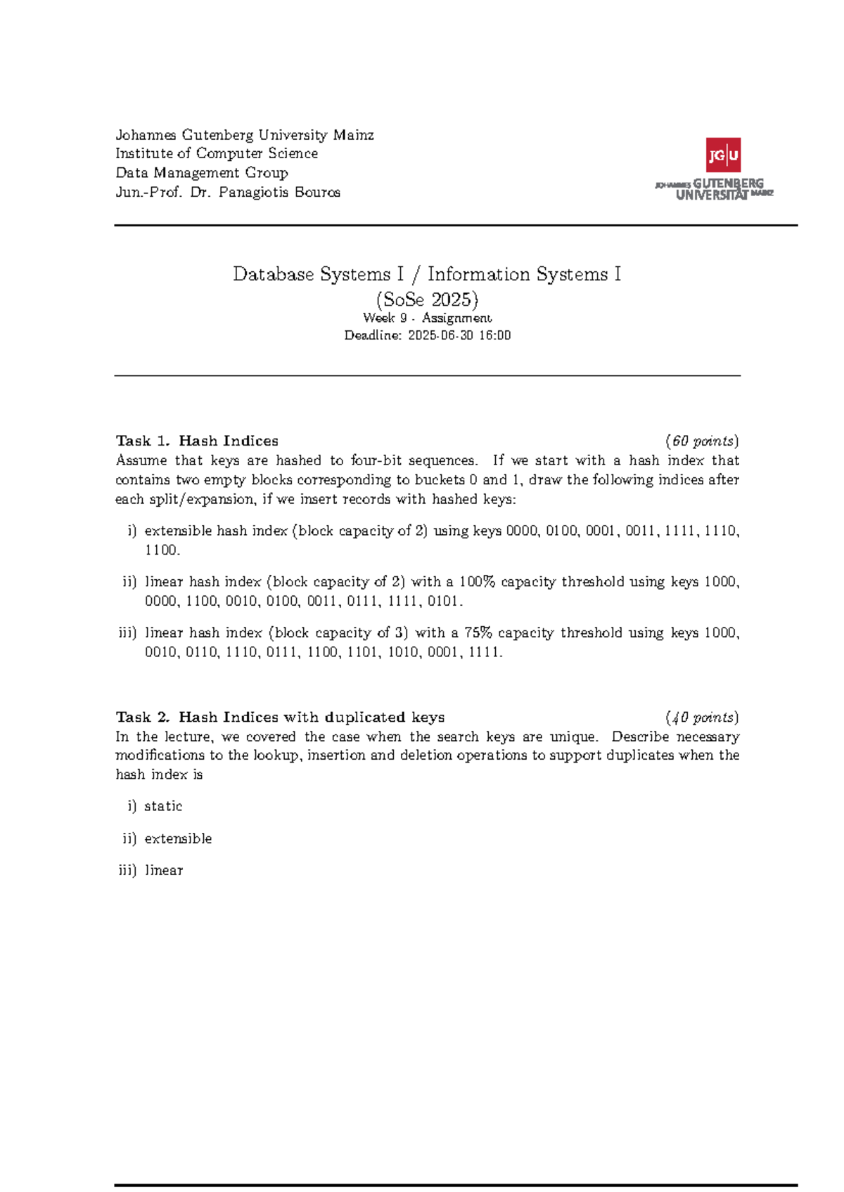 W09: Database Systems I - Hash Indices Assignment (SoSe 2025) - Studocu