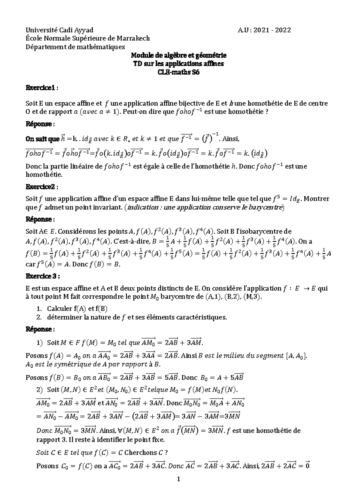 TD sur les applications affines - Corrigé 2022 (CLE-maths S 6) - Studocu
