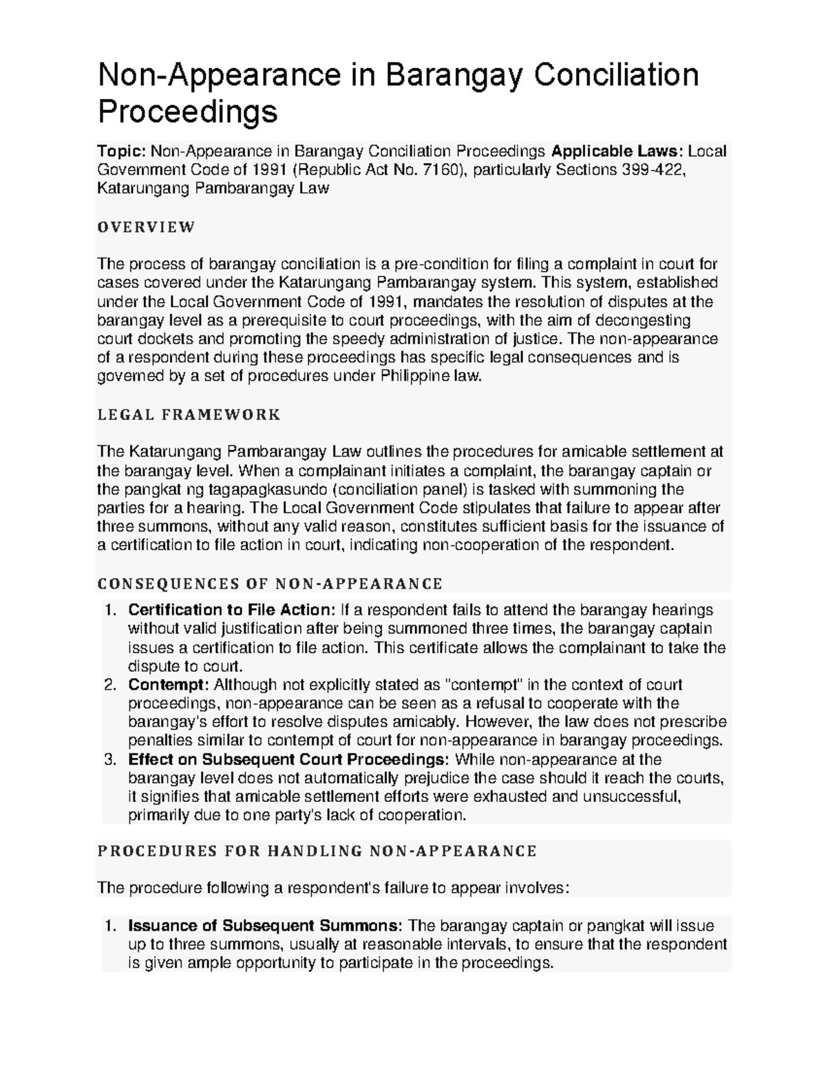 Barangay Conciliation: Legal Implications of Non-Appearance - Studocu