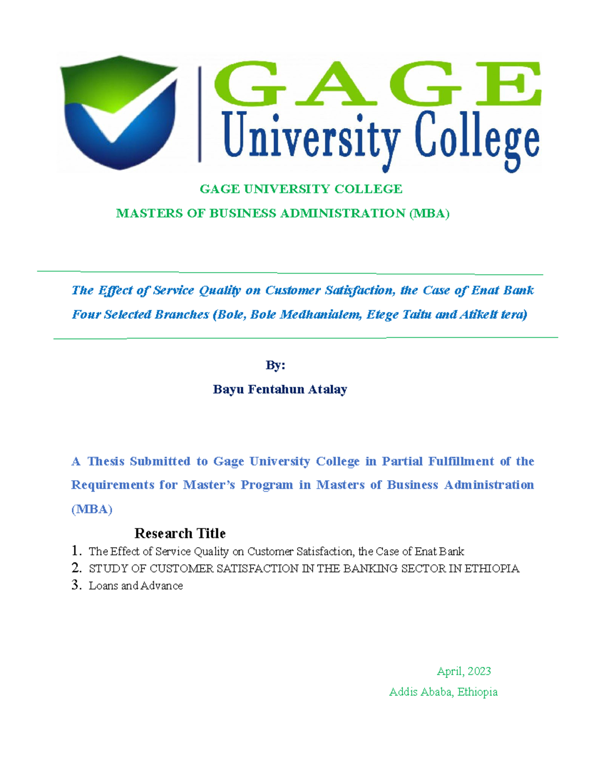MBA Thesis: The Impact of Service Quality on Customer Satisfaction at ...