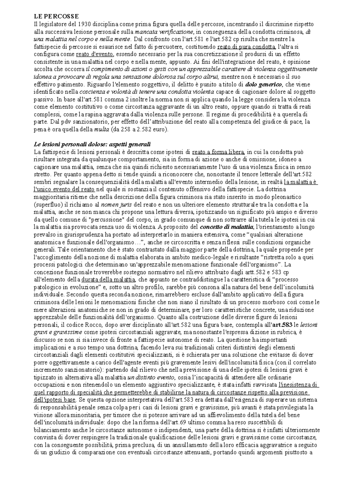 Percosse - Lesioni Dolose - LE PERCOSSE Il legislatore del 1930 ...