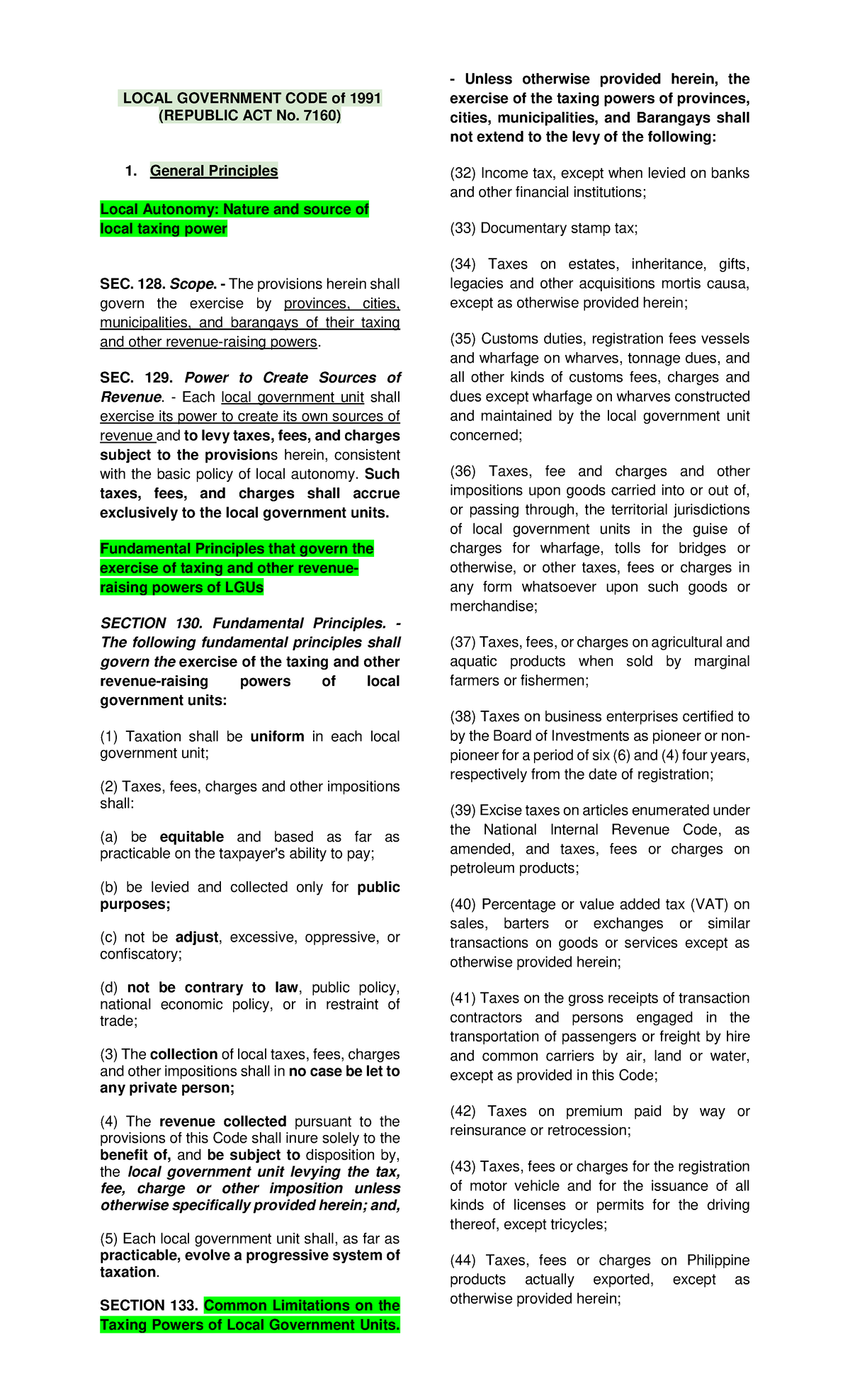 Taxation 3 - Reviewer on Local Government Code (RA 7160) Principles ...