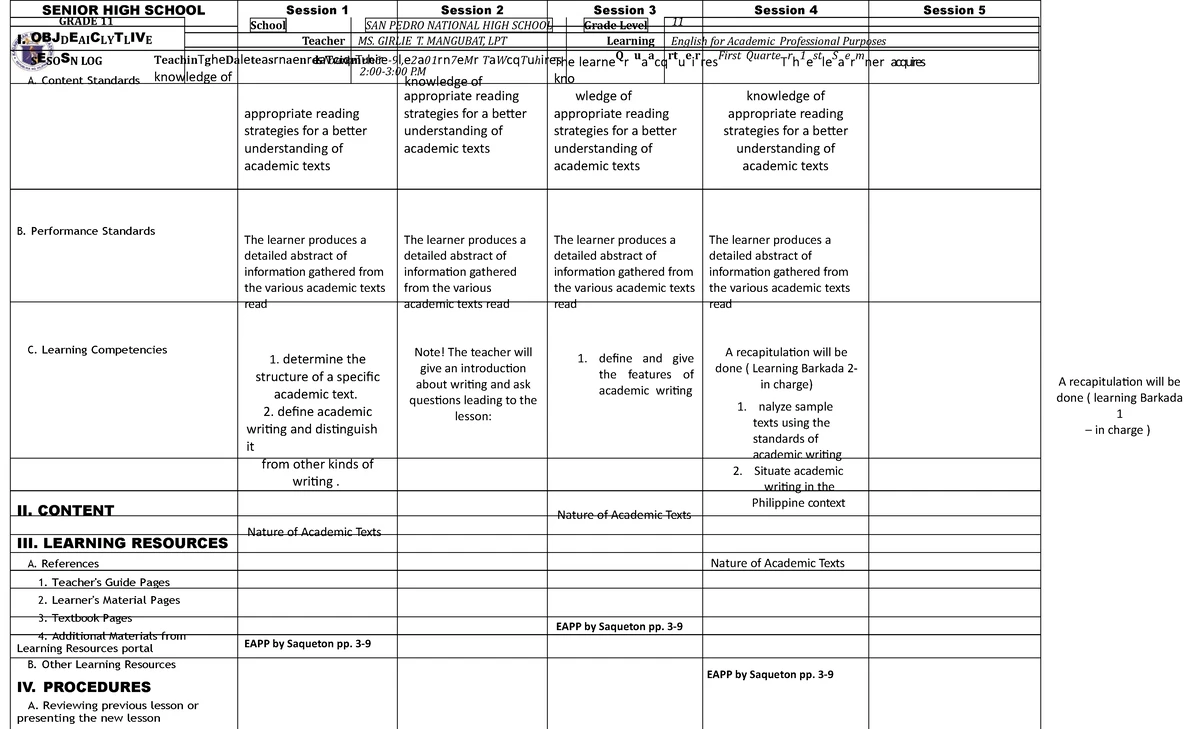 EAPP Melcs - Curriculum Guide - GRADE LEVEL: Grade 11/ SUBJECT: English ...