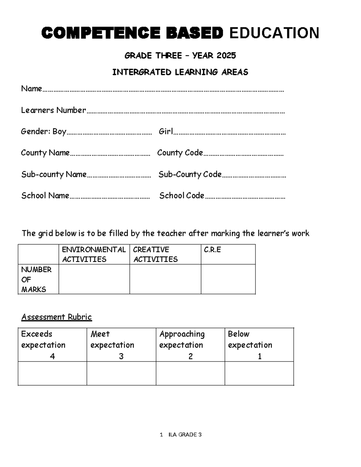 G3 C.R.E Assessment Rubric for Integrated Learning Areas - Studocu