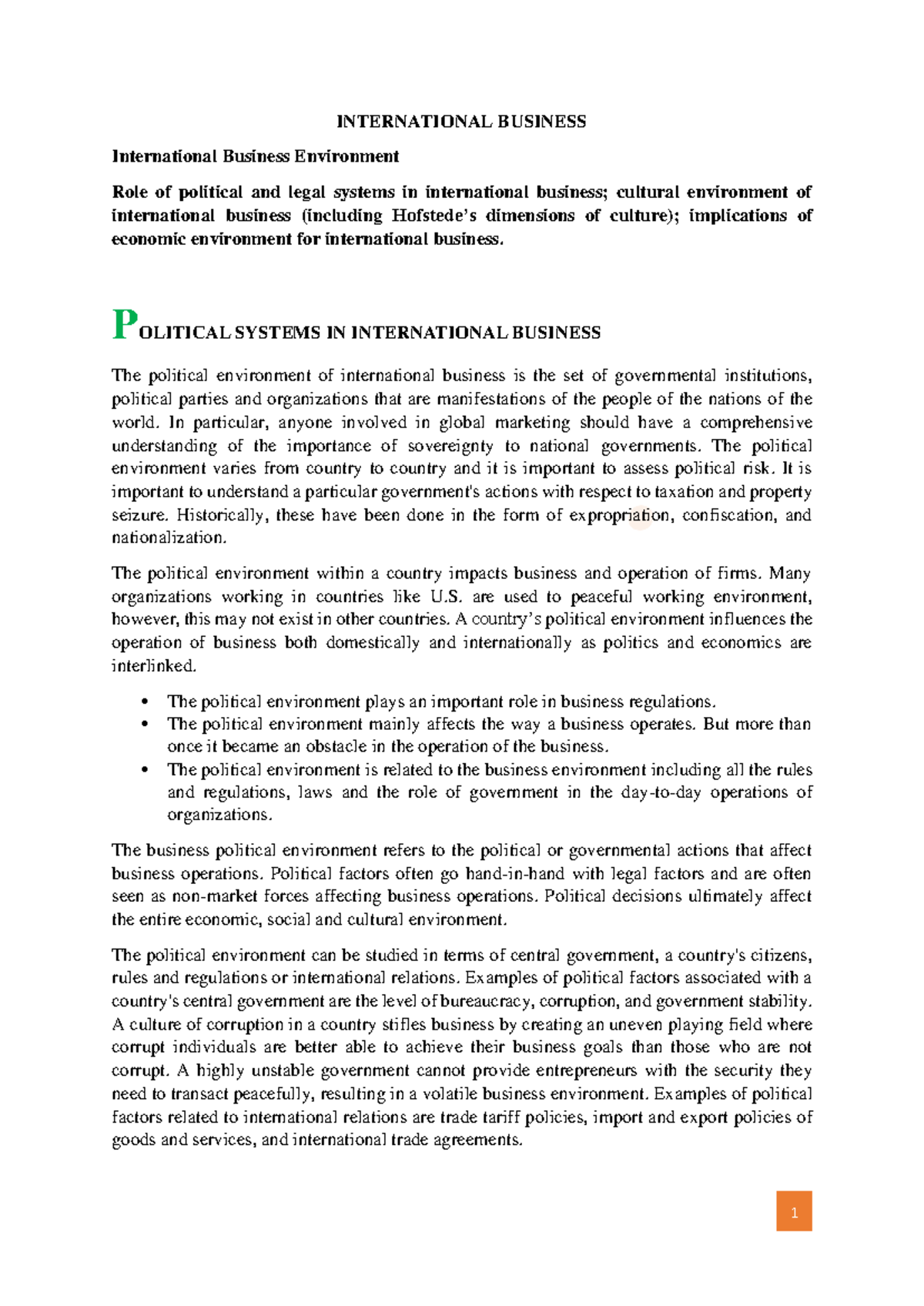 International Business Environment Notes: Political & Legal Systems ...