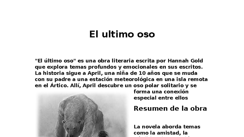 Análisis Literario: "El Último Oso" de Hannah Gold - Studocu
