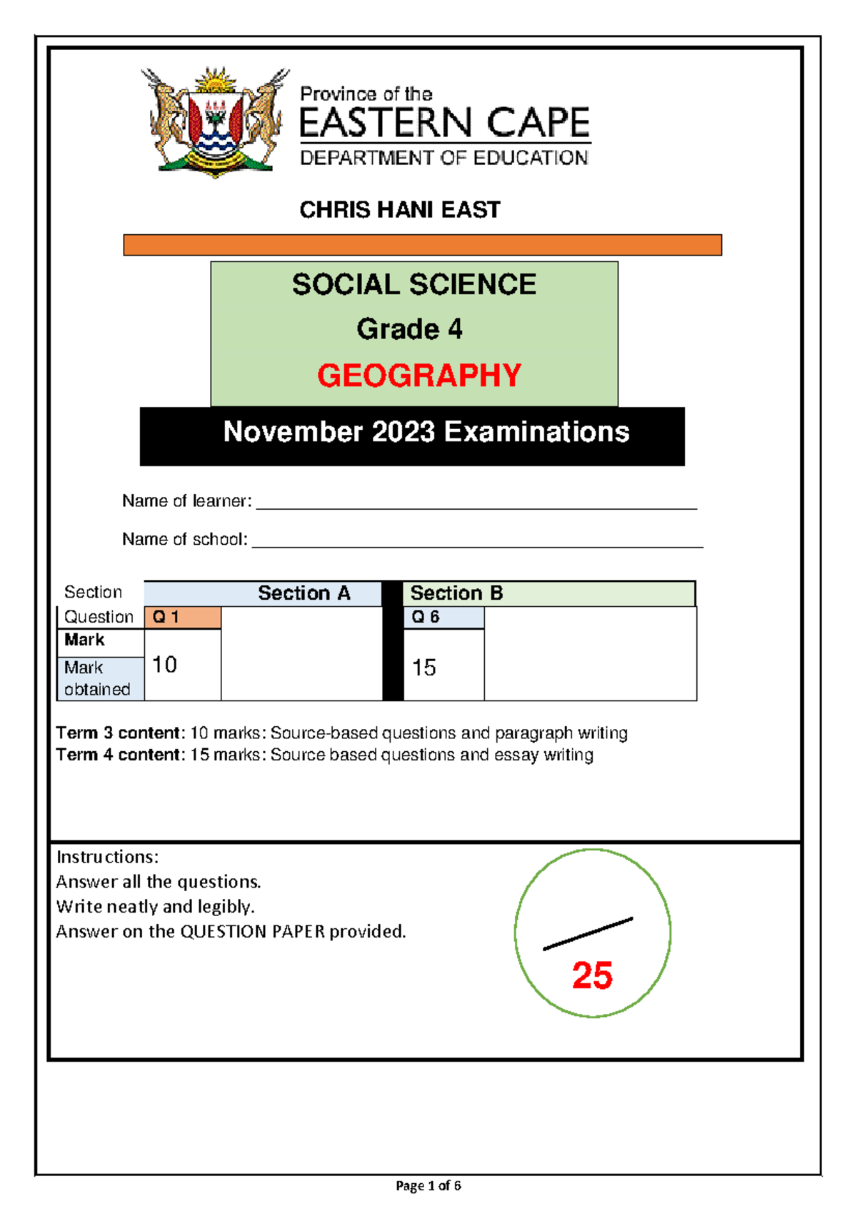 Geography Grade 4 Nov 2023 Term 4 Exam Questions and Answers - Studocu