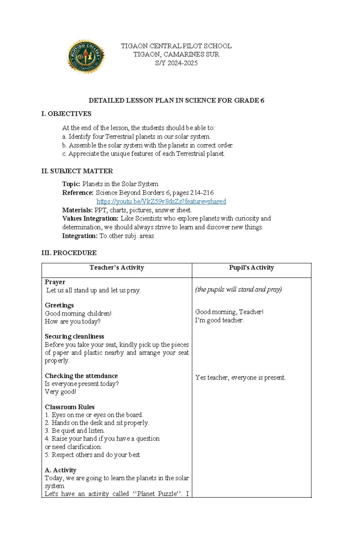 Science 6 DLP: Detailed Lesson Plan on Terrestrial Planets - Studocu
