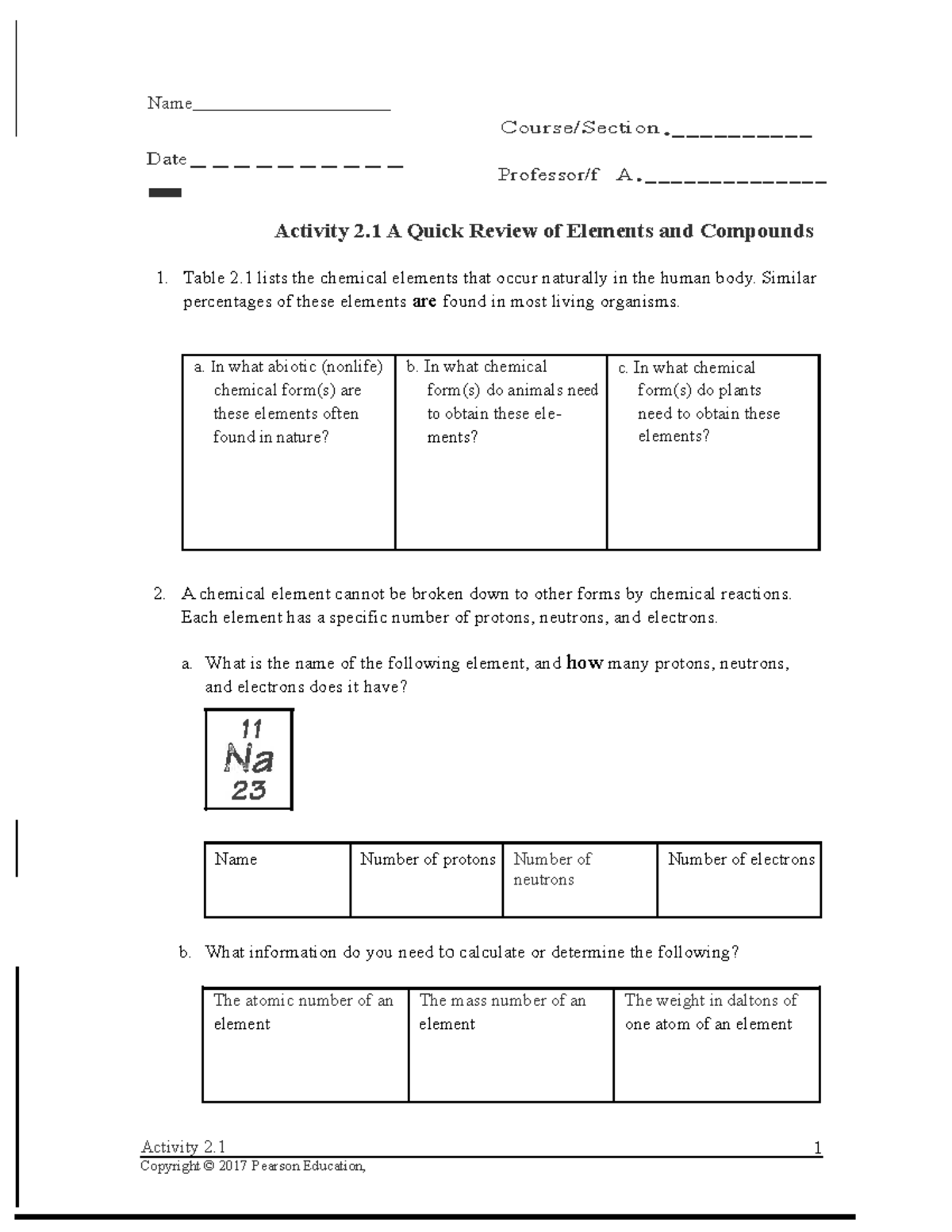 Chapter 2-3 Worksheets - Activity 2. Copyright © 2017 Pearson Education ...