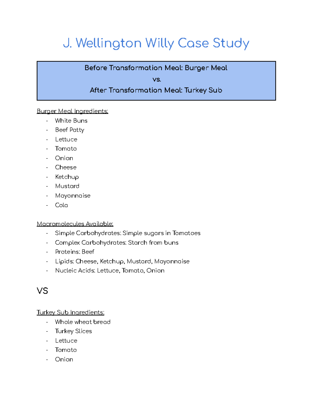 J. Wellington Willy Case Study: Meal Transformation & Macromolecule ...