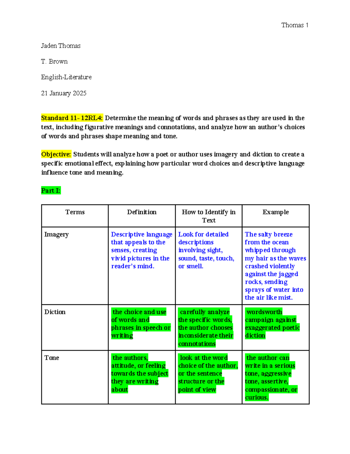 Analyzing Imagery in Song Lyrics: Standard 11-12RL4 Analysis Guide ...