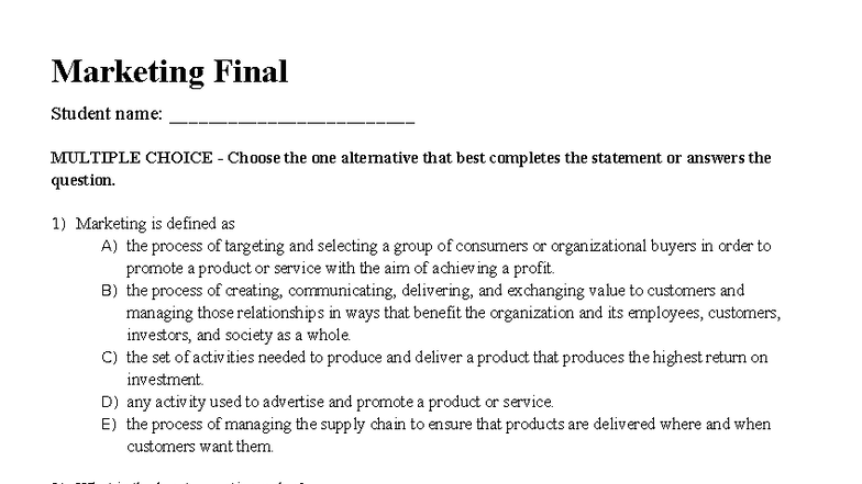 Marketing Final Exam Questions & Answers - Course Code: MARK101 - Studocu