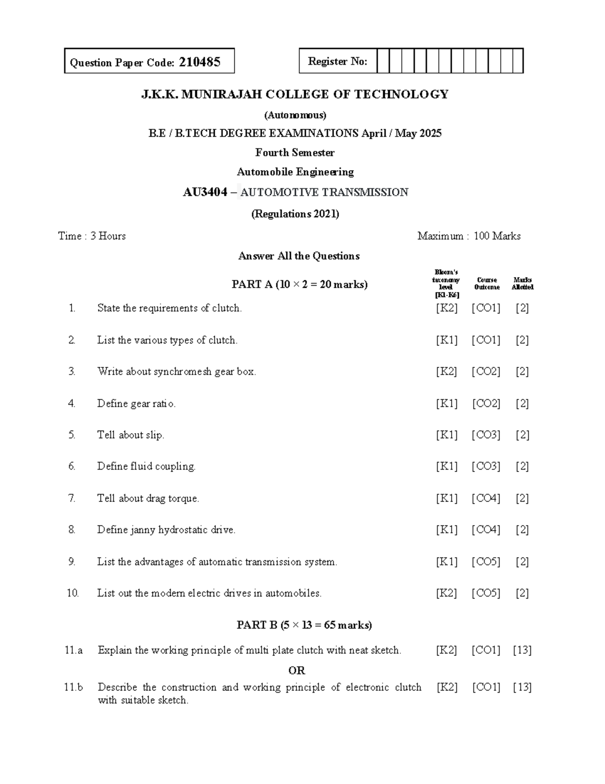 AU3404 - Fourth Sem Exam QP: Automotive Transmission 2025 - Studocu