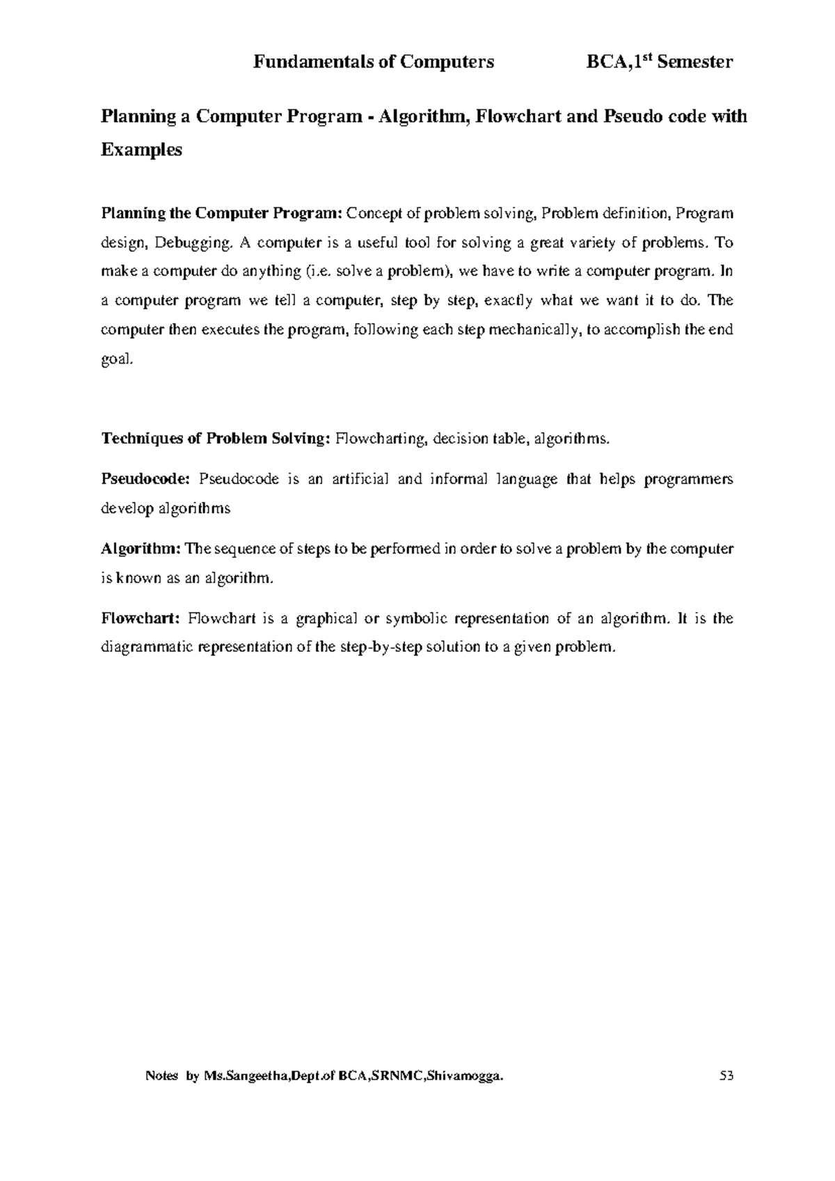UNIT-I CF Planning a Computer Program: Algorithms, Flowcharts ...