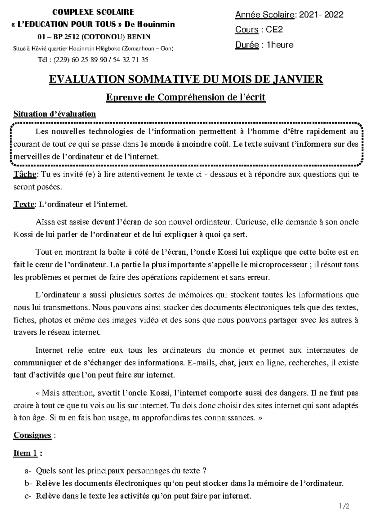 Evalution CE2 - La démocratie locale - EVALUATION SOMMATIVE DU MOIS DE ...