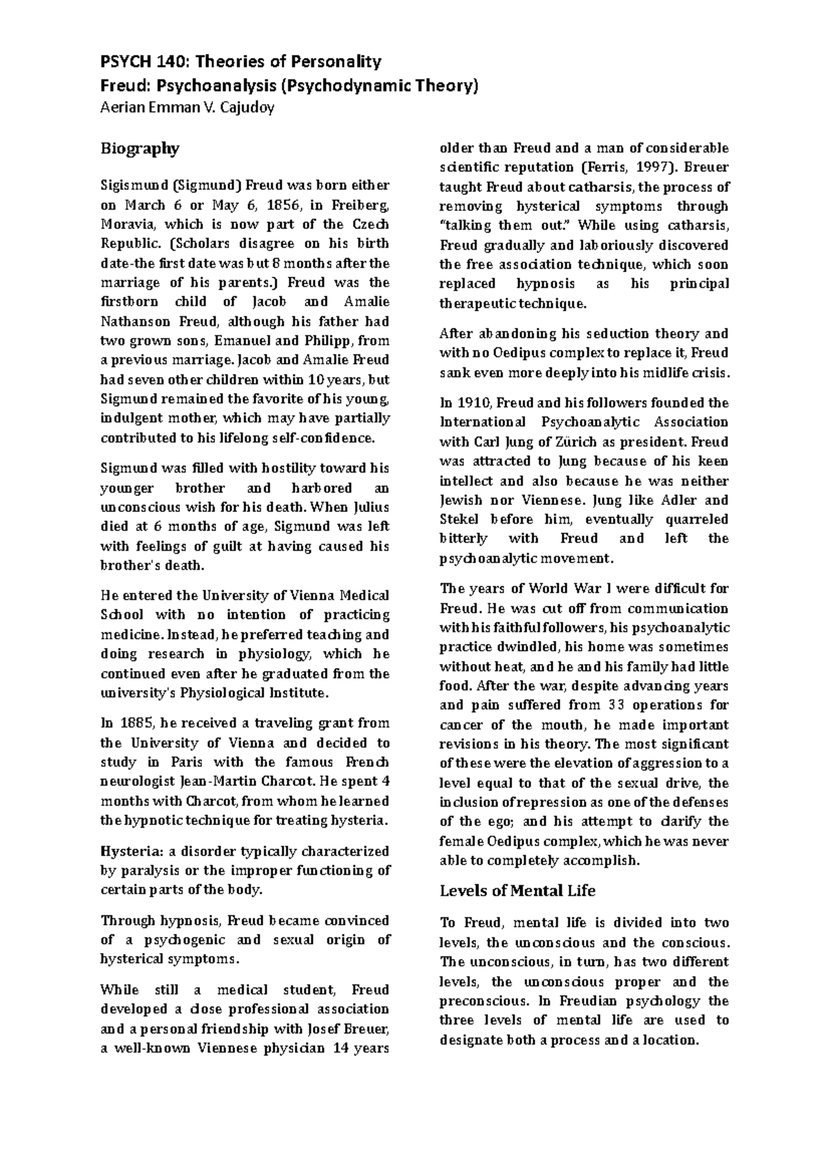 PSYCH 140: Freud's Psychoanalysis & Psychodynamic Theory Overview - Studocu