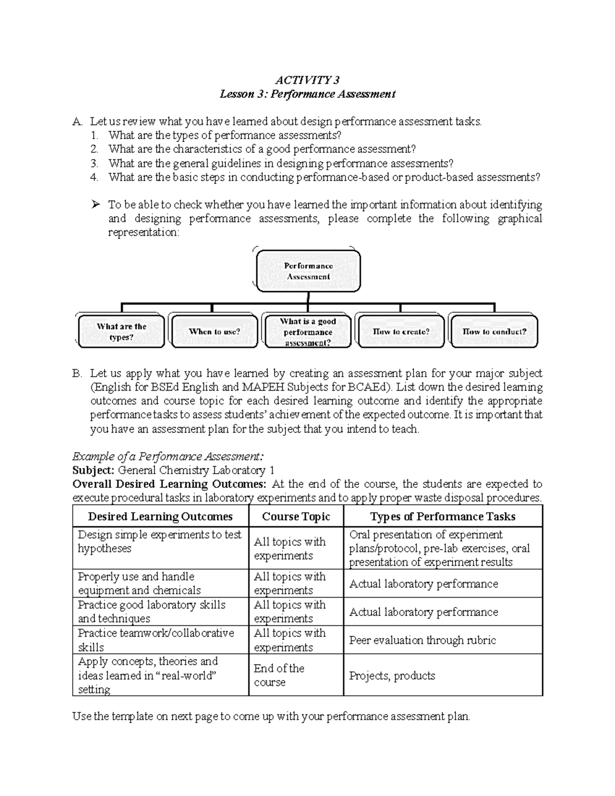 Activity 3: Performance Assessment Plan for BSEd & BCAEd Subjects - Studocu