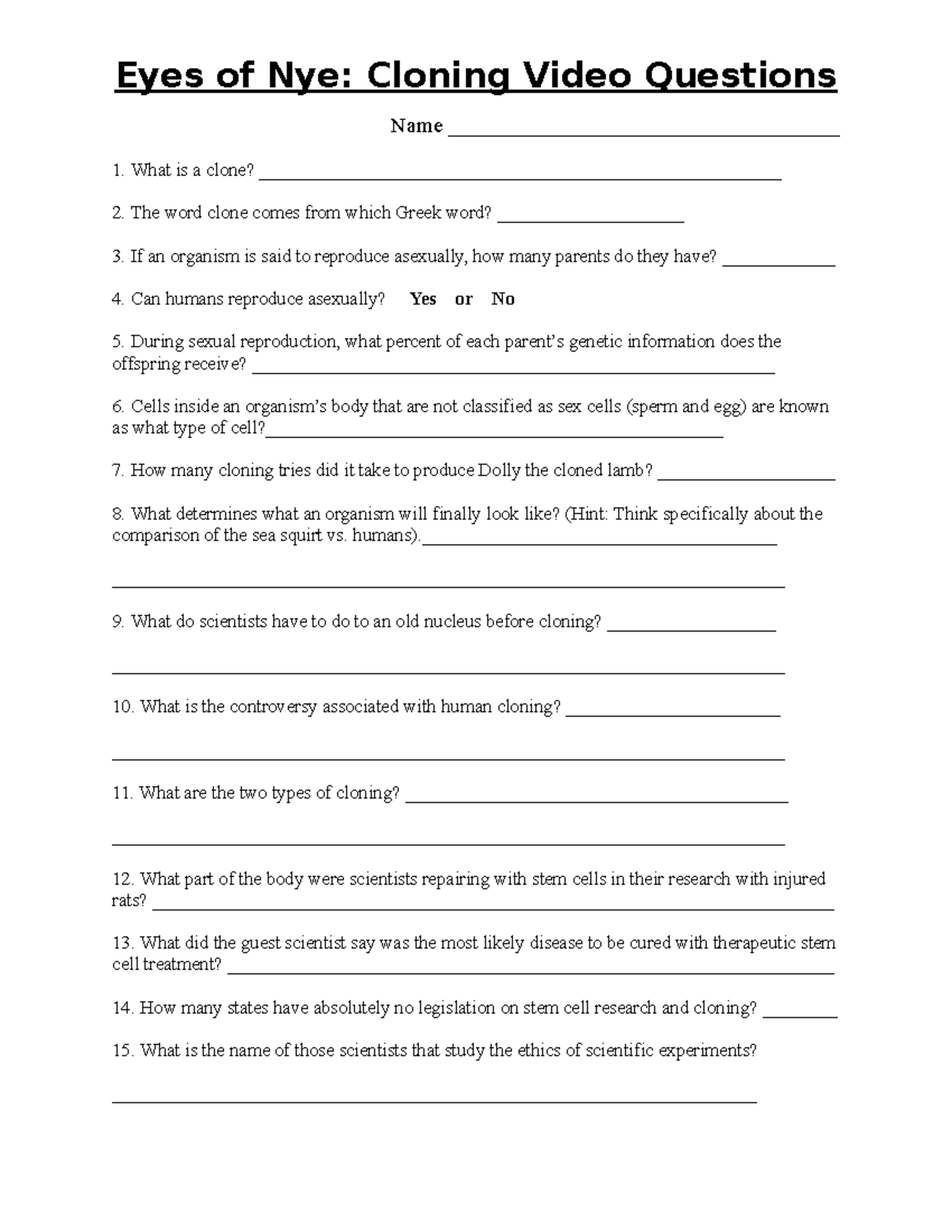 Eyes of Nye - Cloning - science worksheet - Eyes of Nye: Cloning Video ...