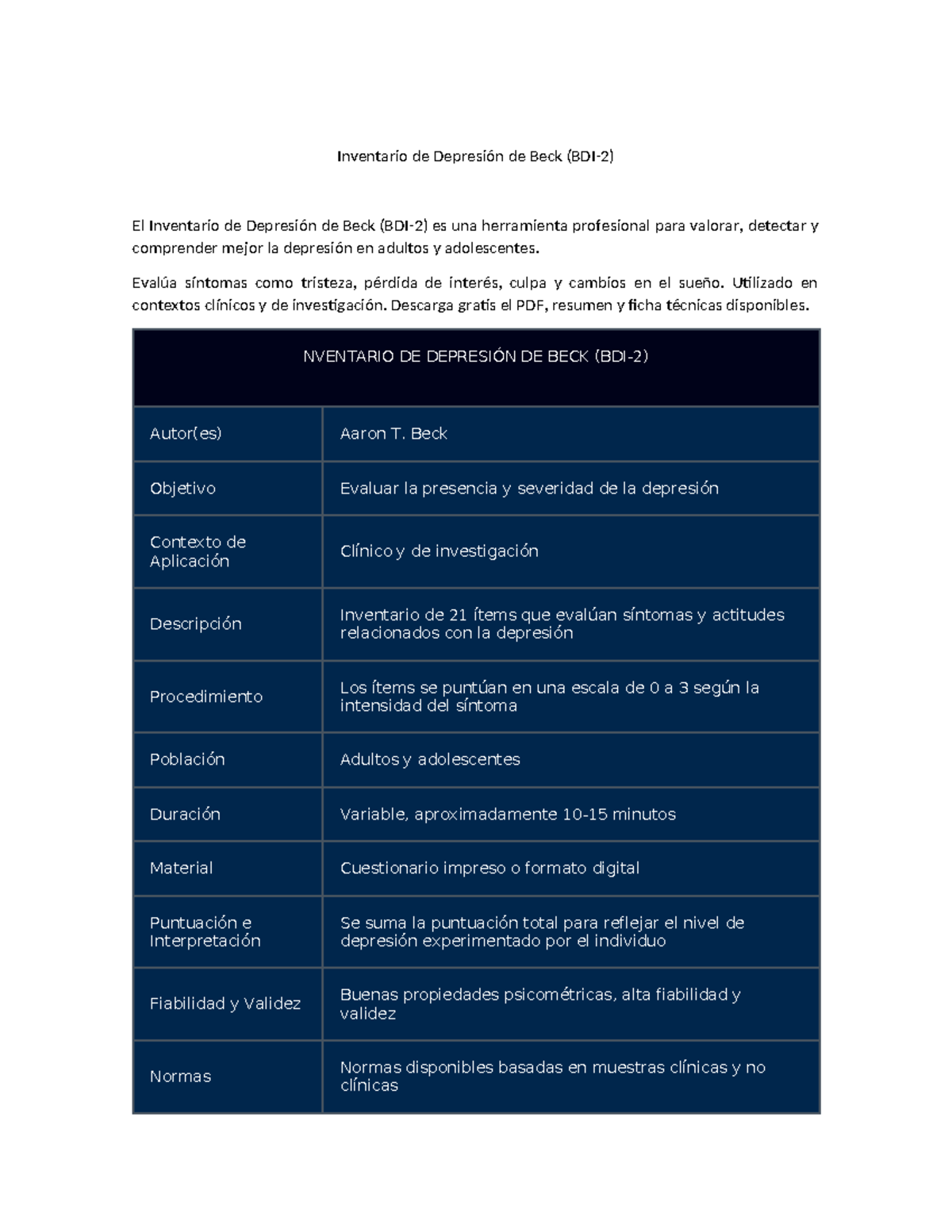 Inventario de Depresión de Beck (BDI-2): Evaluación y Aplicaciones - Studocu