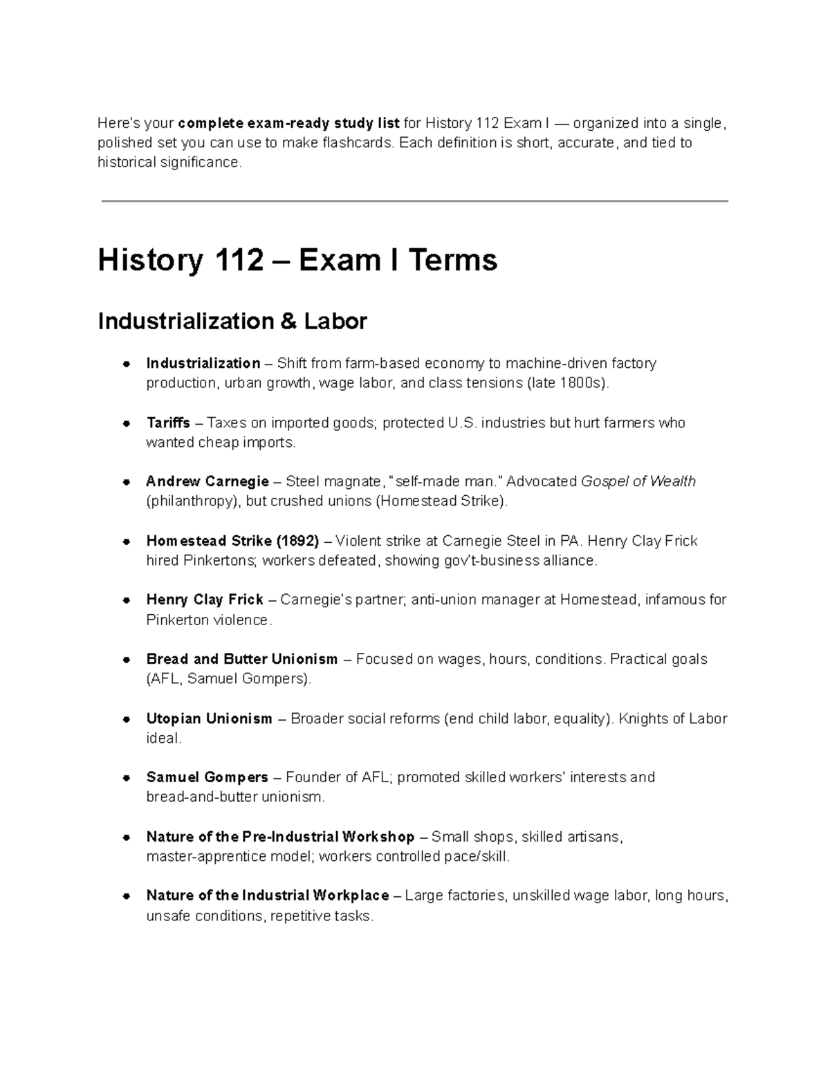 History 112 Exam I: Comprehensive Study Guide on Key Terms and Events ...
