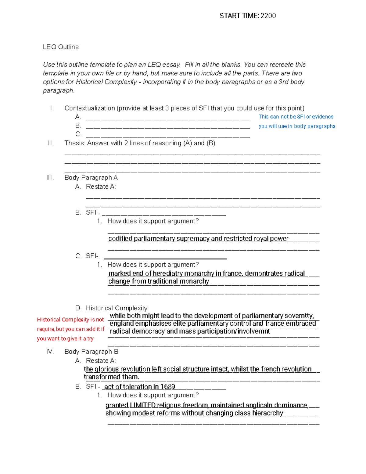 HIST 2200: LEQ Essay Outline Template for Historical Analysis - Studocu