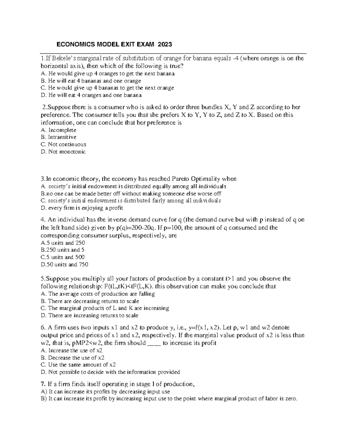 Economics Model EXIT EXAM AAU - 2023 Study Guide and Review - Studocu