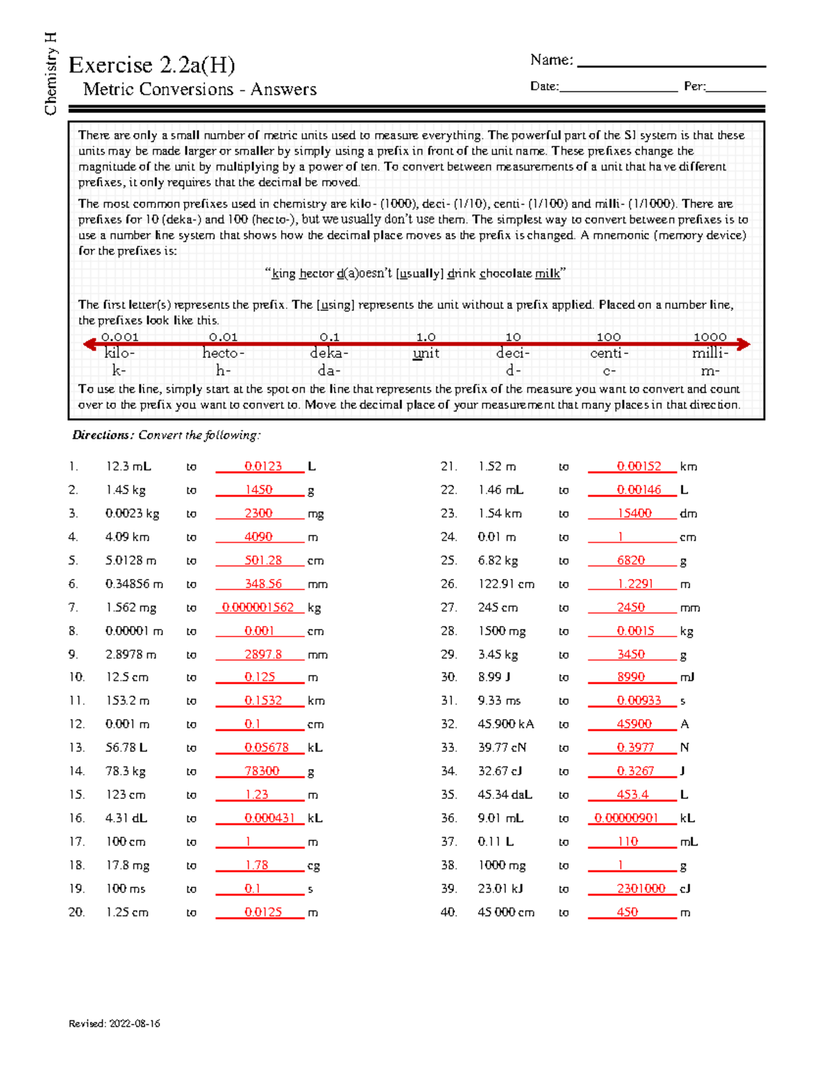 Metric Conversions Corrected Answers for Chemistry H (Exercise 2.2a ...