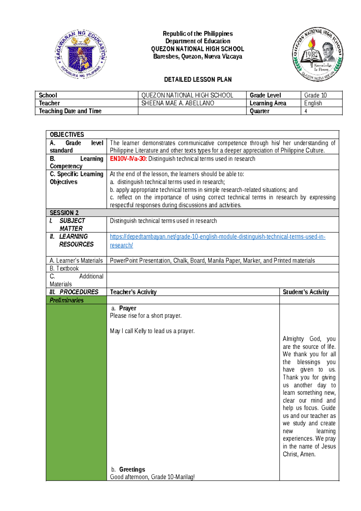 Grade 10 English Lesson Plan: Understanding Research Terms - Studocu