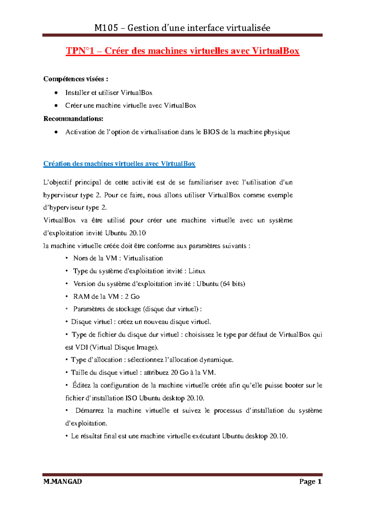 TPN°1 - Guide pour Créer des VM avec VirtualBox dans M105 - Studocu