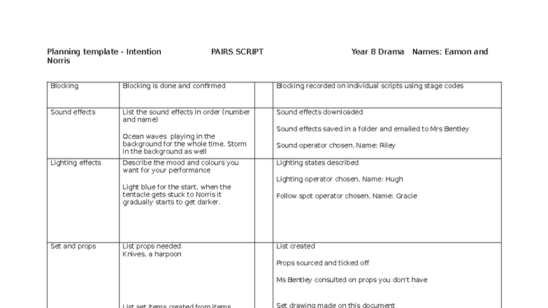 Year 8 Drama Planning Template: PAIRS Script & Blocking Details - Studocu
