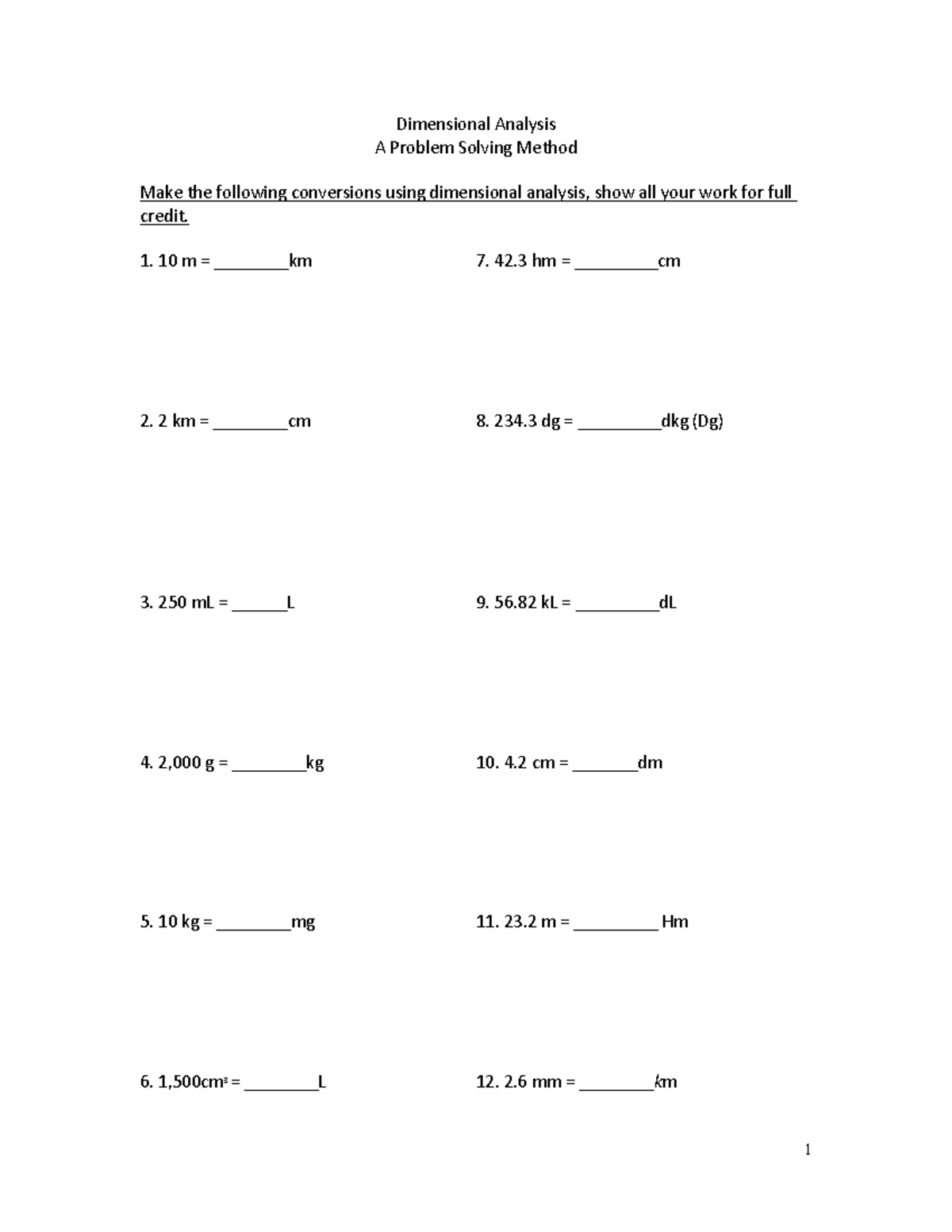 Dimensional Analysis Practice Sheets for Problem Solving - Studocu