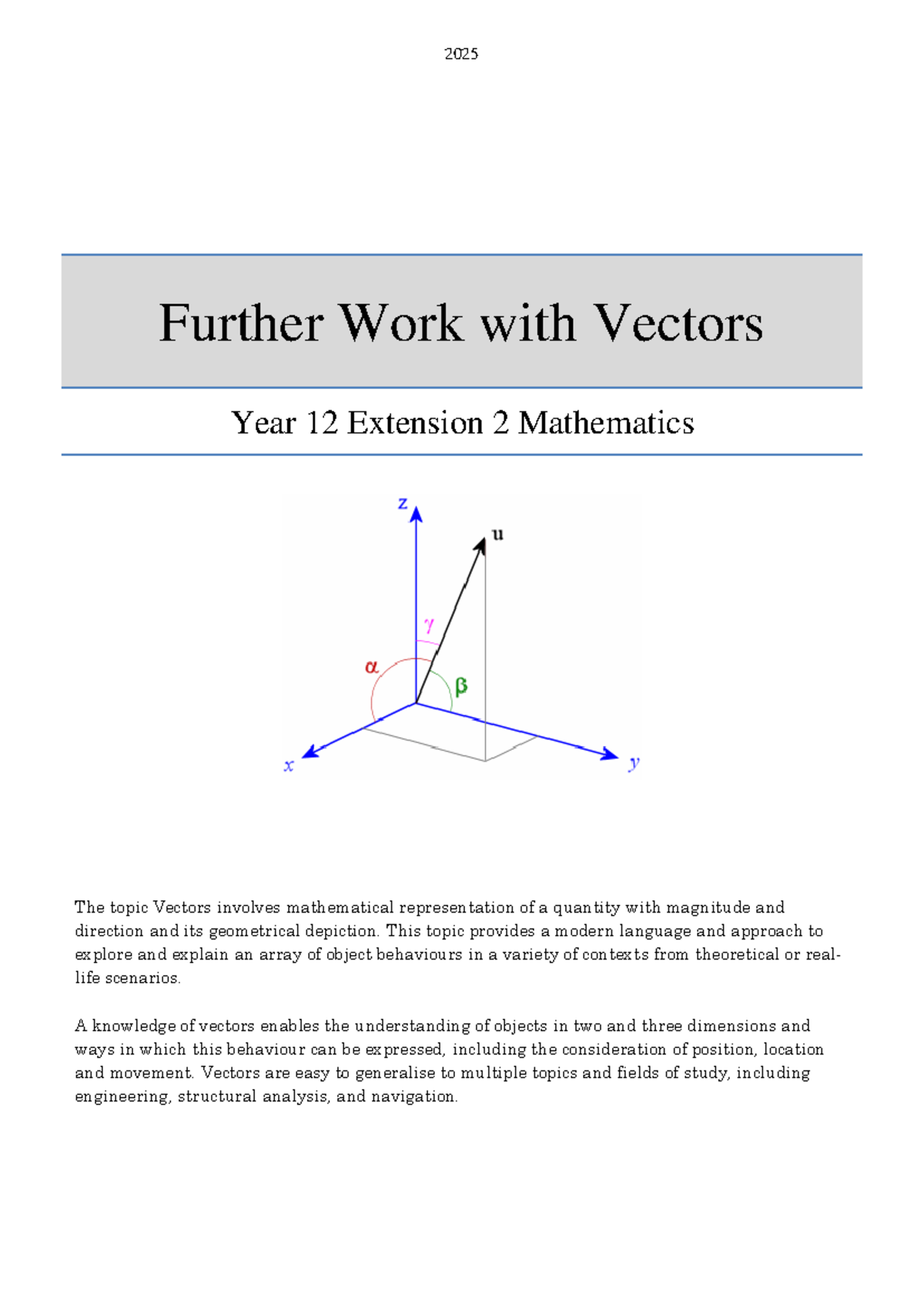 2025 Year 12 Extension 2 Mathematics: Further Work with Vectors ...