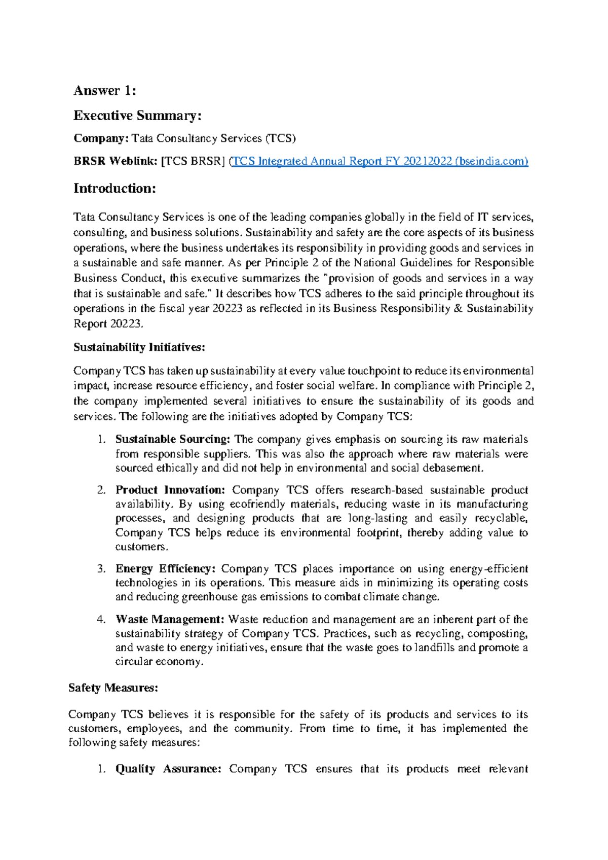 Ethics, Governance & Risk Analysis: TCS Sustainability Practices and ...