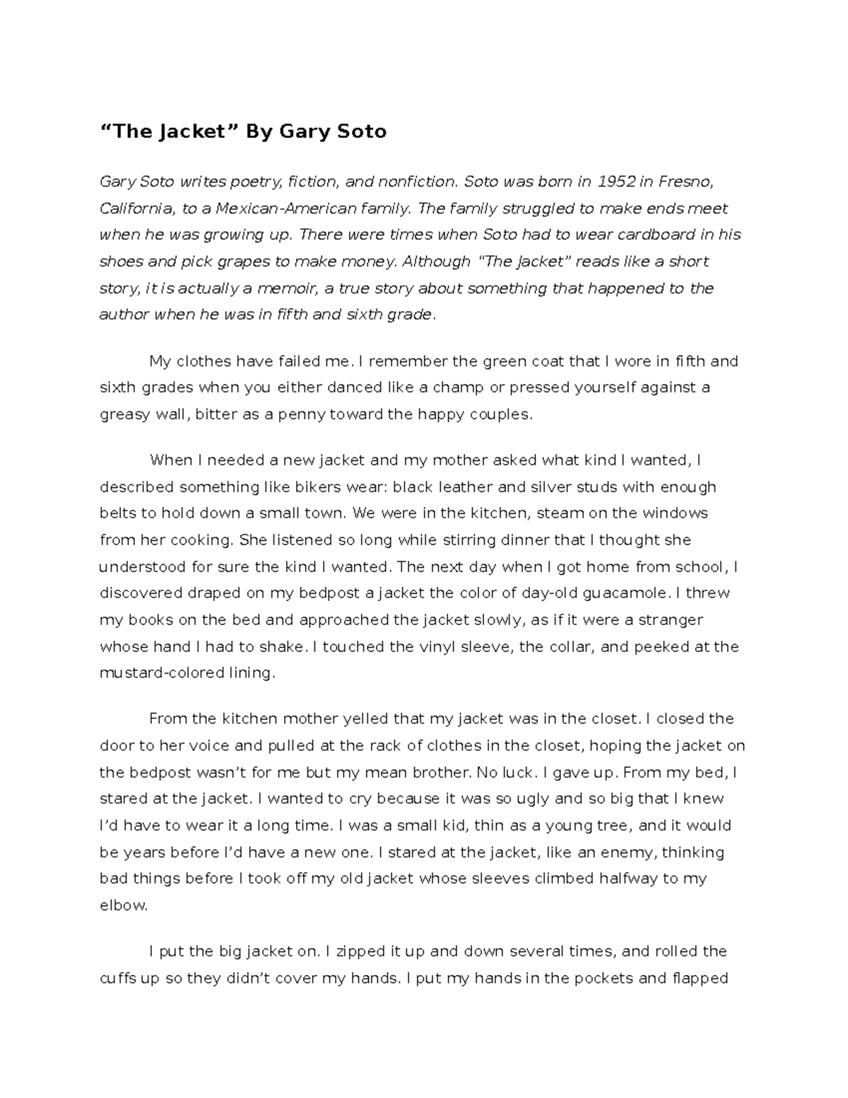 Analysis of "The Jacket" by Gary Soto: A Memoir Reflection - Studocu
