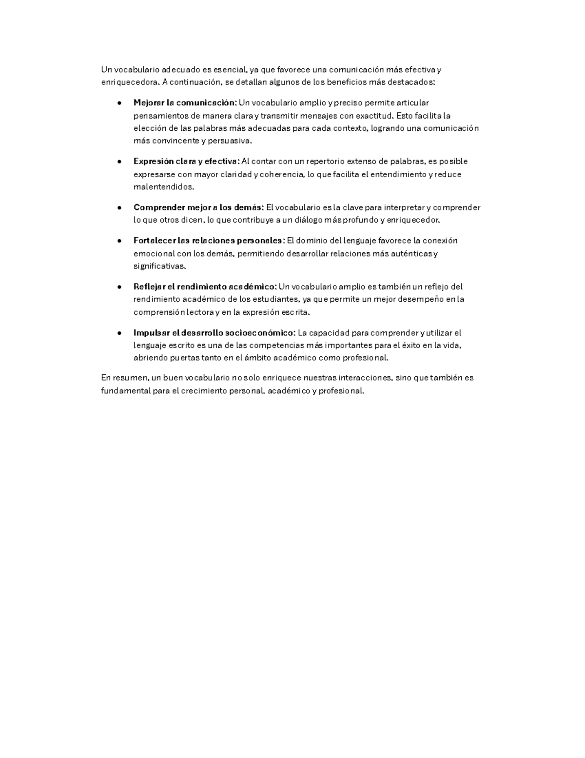 Vocabulario Adecuado: Beneficios y Importancia - Trabajo Final - Studocu