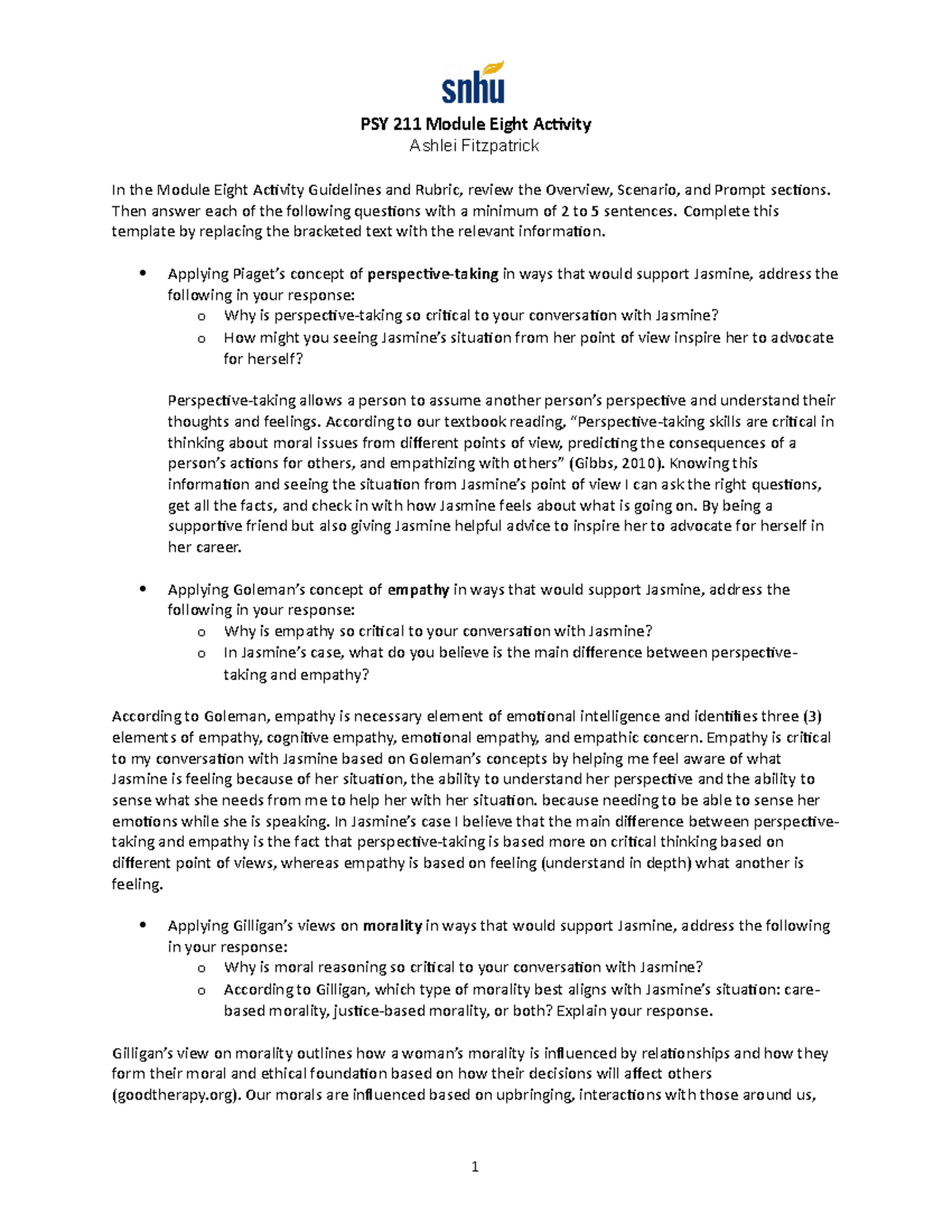 PSY 211 Module 8 Activity: Exploring Perspectives, Empathy, and ...