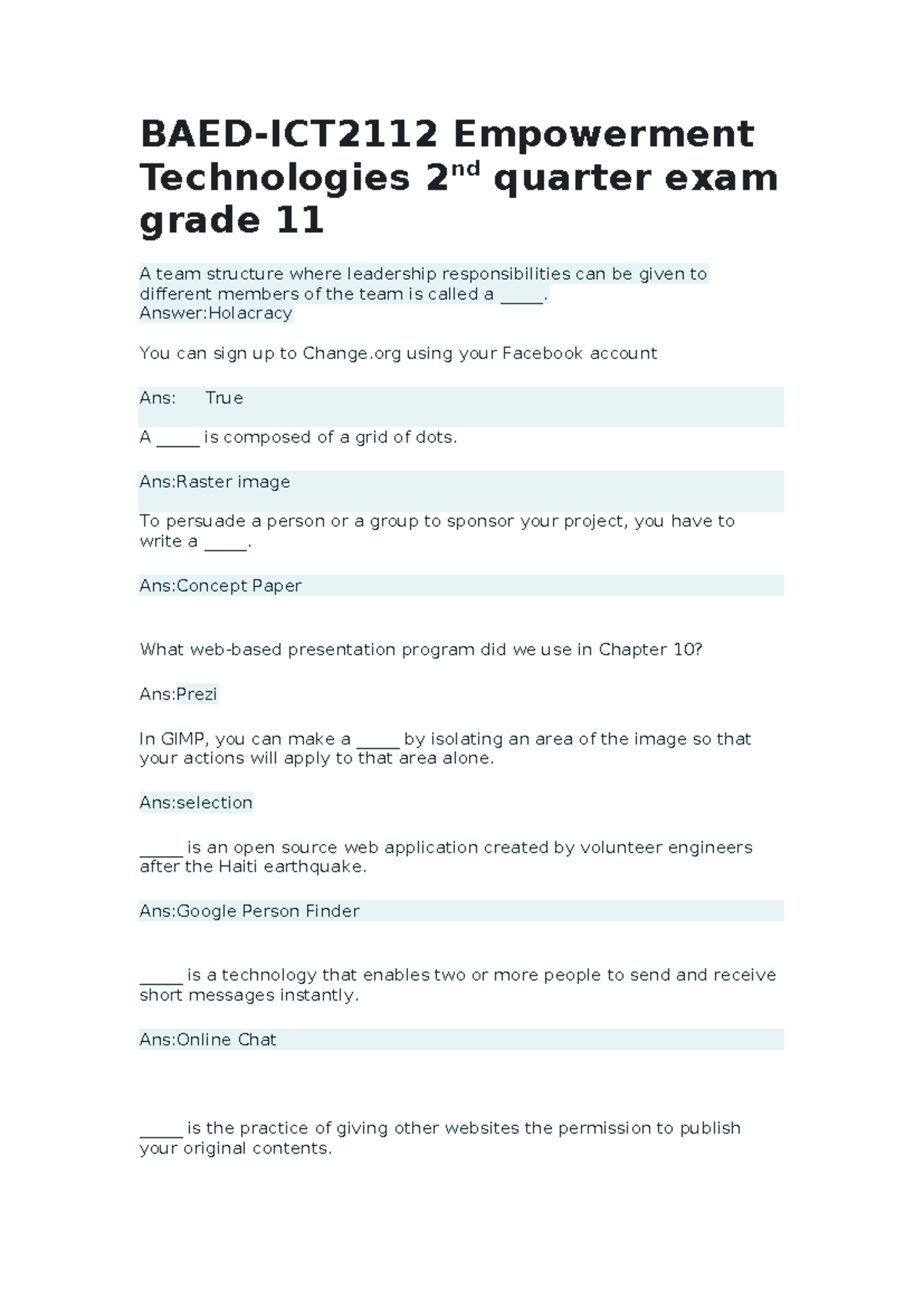 Emp Tech 2nd quarter exam - BAED-ICT2112 Empowerment Technologies 2 nd ...