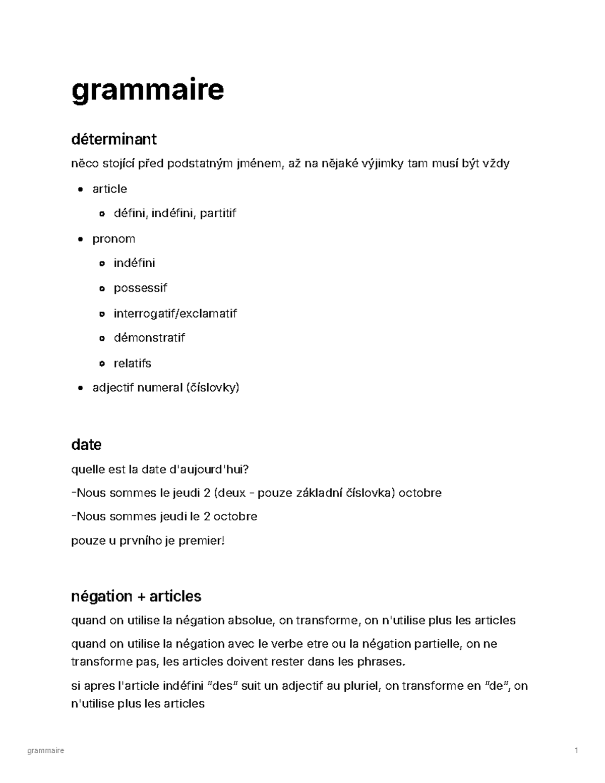Grammaire: Déterminants et Articles en Français (Grammaire 1) - Studocu