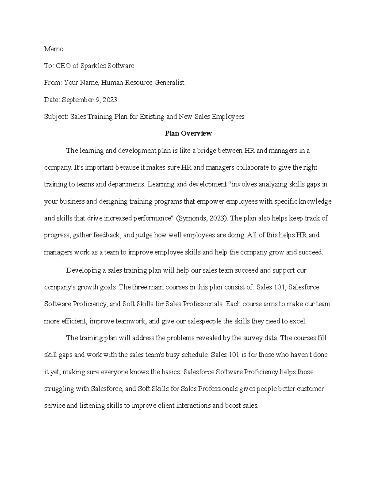HRM-350 Sales Training Plan: Milestone 1 Memo Analysis - Studocu