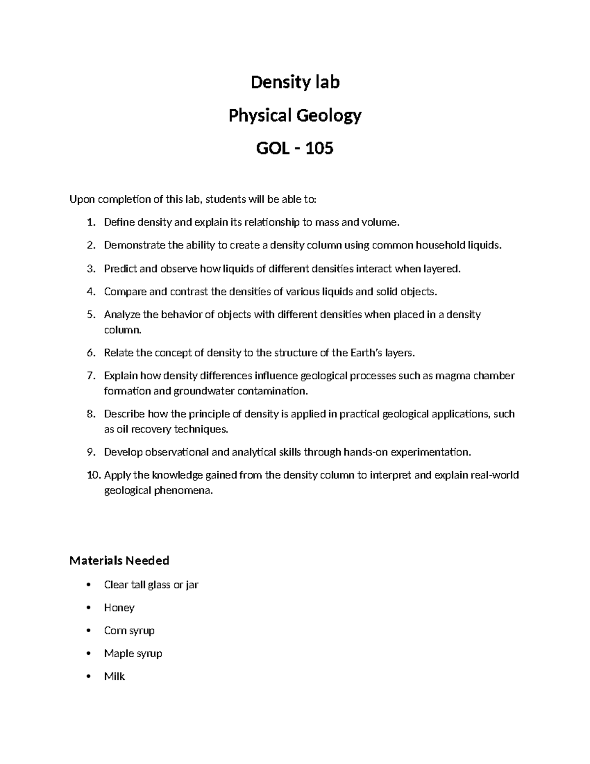 Density Lab: Exploring Liquids and Their Interactions in GOL 105 - Studocu