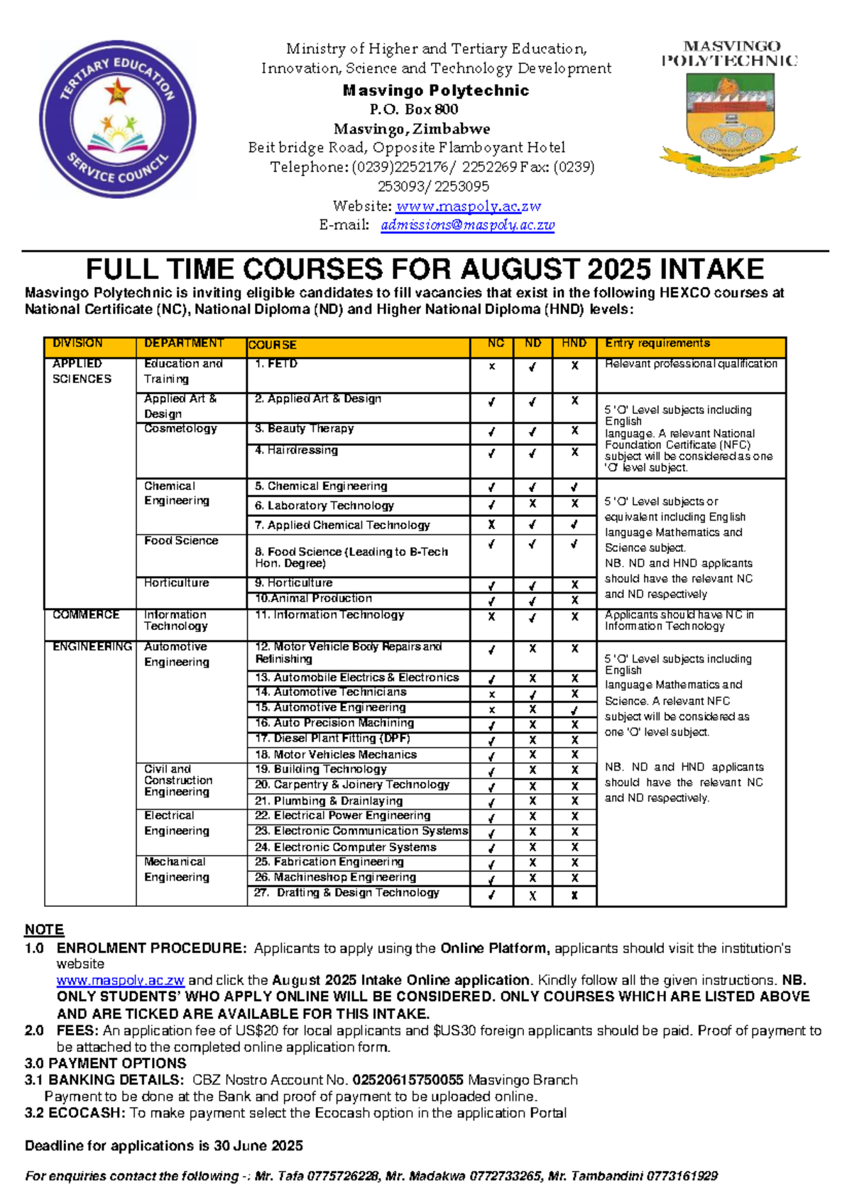 Masvingo Polytechnic August 2025 Intake: Full-Time Course Offerings ...